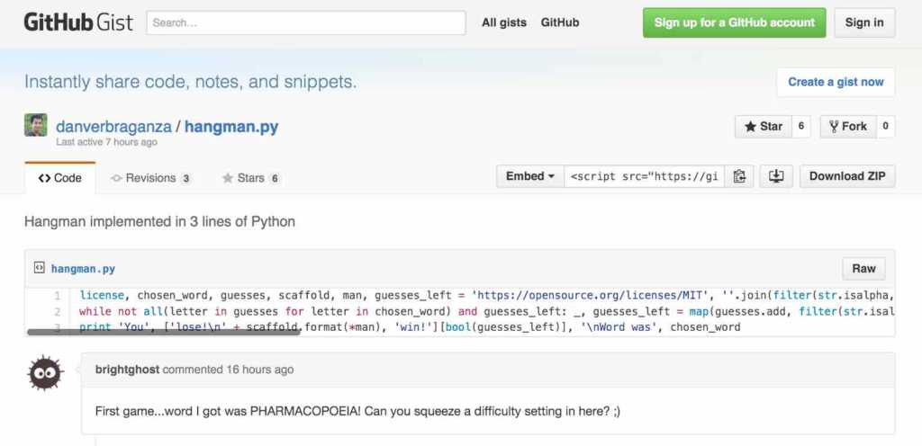 A Simple Hangman Game Implemented In 3 Lines Of Python