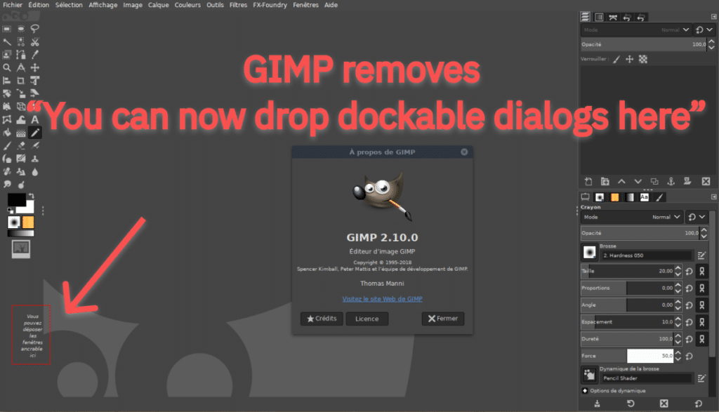 GIMP Removes Annoying "You Can Now Drop Dockable Dialogs Here" Message